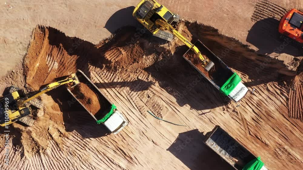 Aerial view road motor grader flatting dirt road surface, Motor grader ...