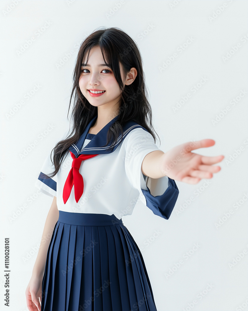 Asian teen female dressed in a high school student costume presenting ...