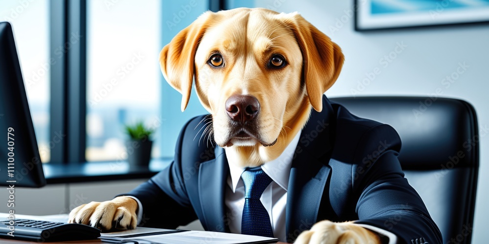 Business dog in suit at office desk: cute canine ceo with laptop in ...
