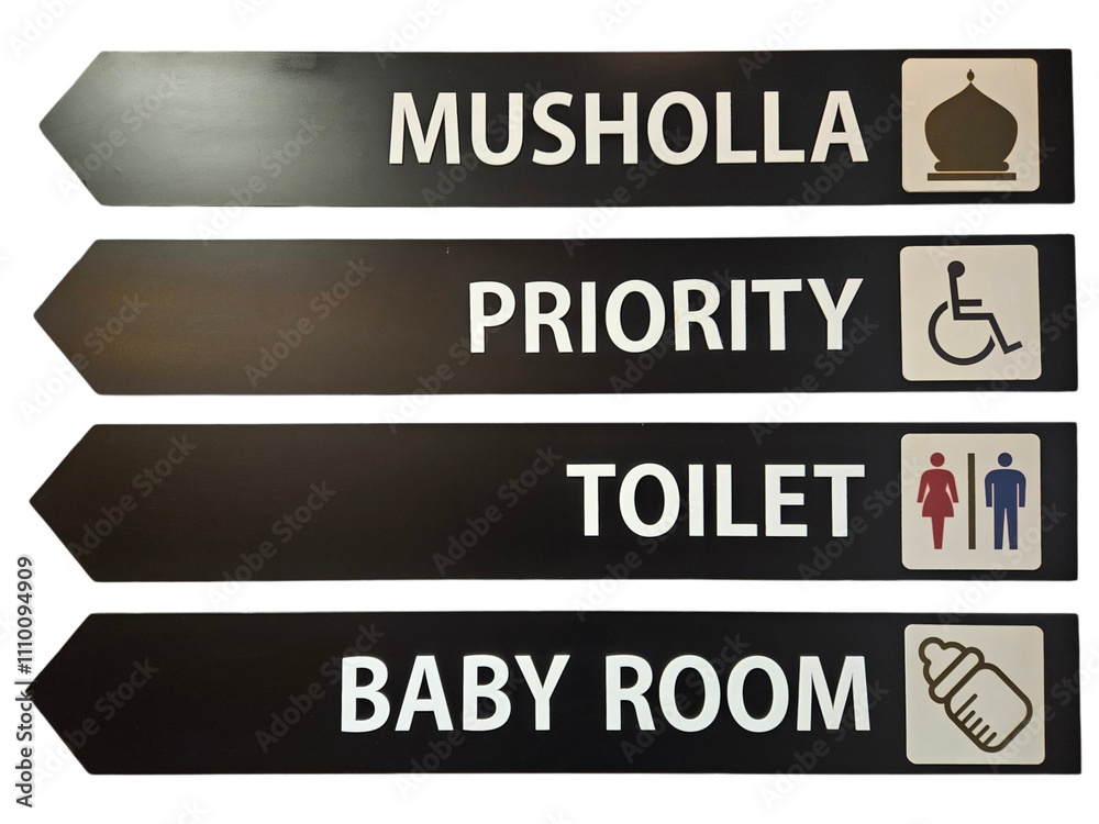 Informative signage with arrows directing to the prayer room, priority ...