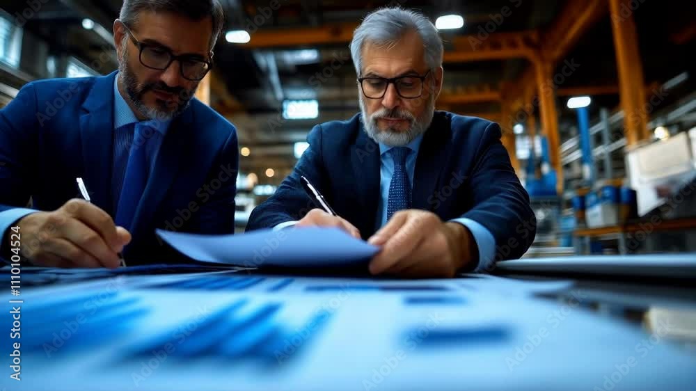 Two men in suits collaborating on a technical blueprint, representing ...