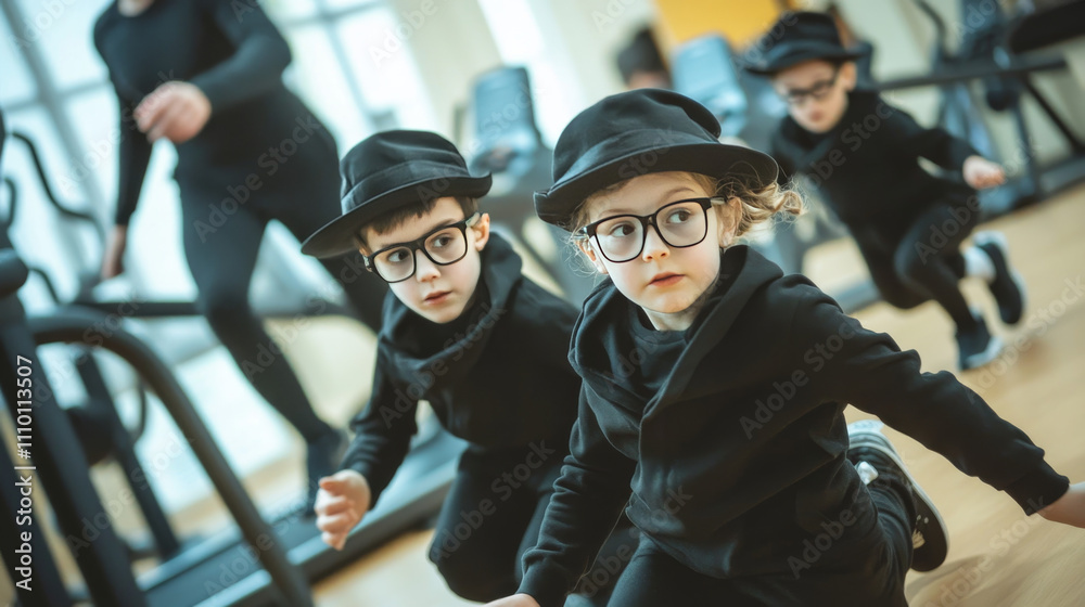 Teenager friends dressed as spy in black clothes, hat and glasses crawl ...