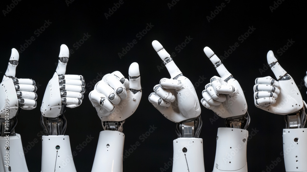 Stylized robotic hands with different gestures. Various poses and ...