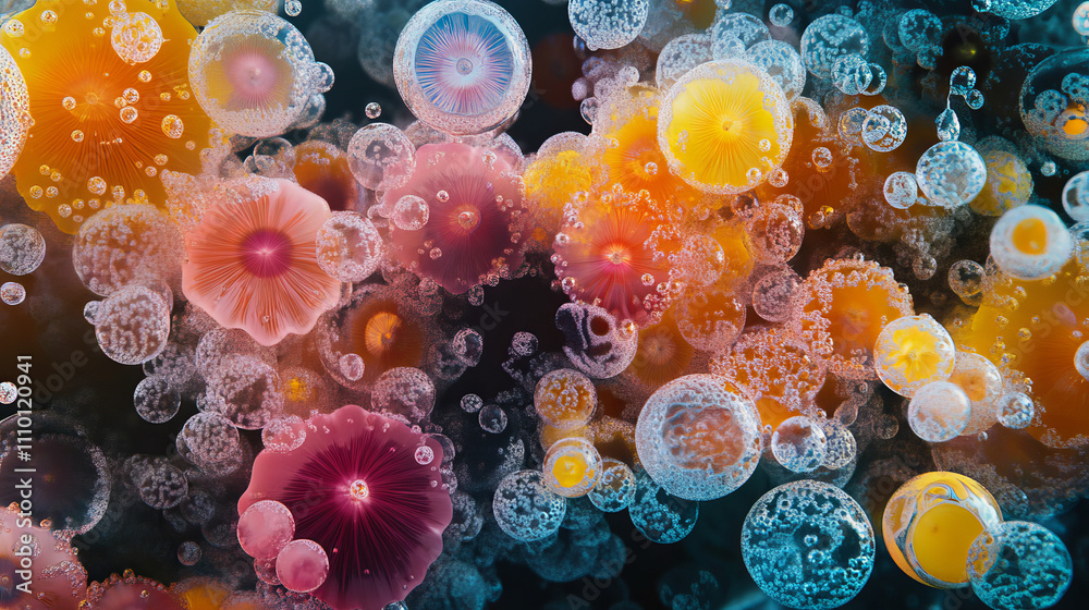 Fizzy water bubbles floating on dark background. Multiple transparent ...