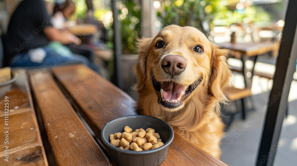 Dog cafe business. Table in pet restaurant cartoon illustration. Lunch ...