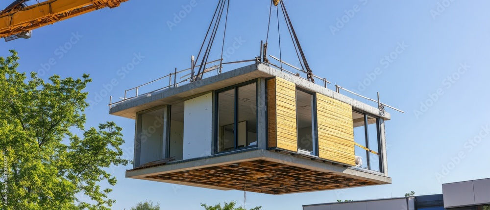 A detailed view of a crane lifting prefabricated modules for modular ...