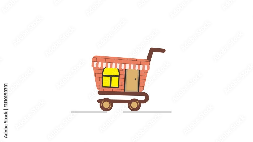 animated illustration of a shop in the form of a shopping cart ...