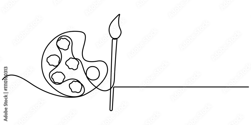 Paint Pallet and Brushes Drawing, Continuous one line drawing of a art ...