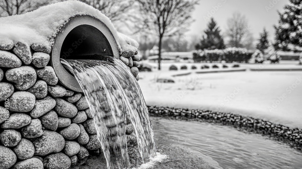 Winter scene of a storm water drainage culvert pipe flowing into a ...