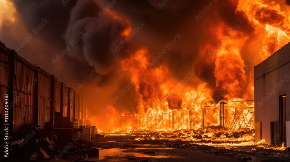 Intense warehouse fire with towering flames and thick smoke billowing into the night sky ...