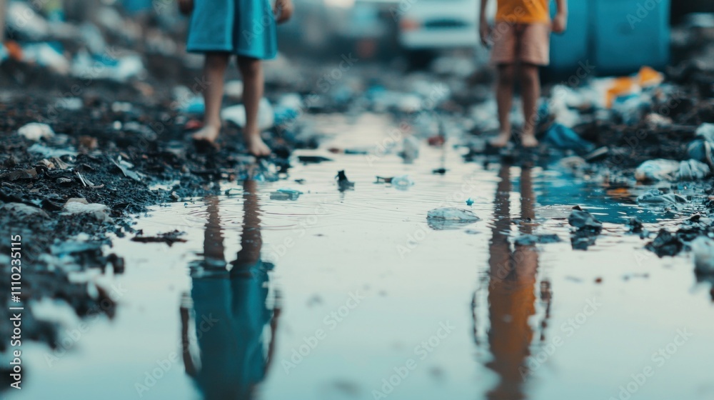 Two children stand barefoot near polluted waste in an urban area ...