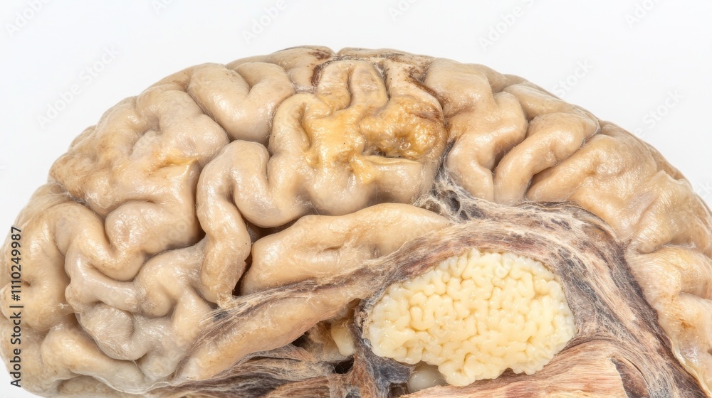 Close-up of human brain showing plaques. Understanding the complexities ...