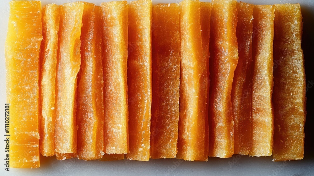 Dehydrated sweet potato slices arranged neatly on a white background ...