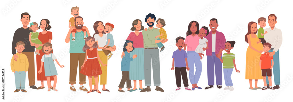 Set of different multicultural families. Mom dad son and daughter ...