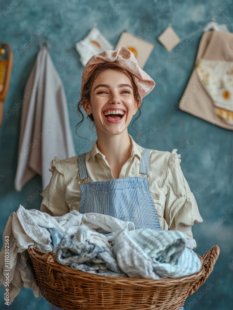 Overjoyed housemaid laughs positively keeps hadn on face carries basket ...