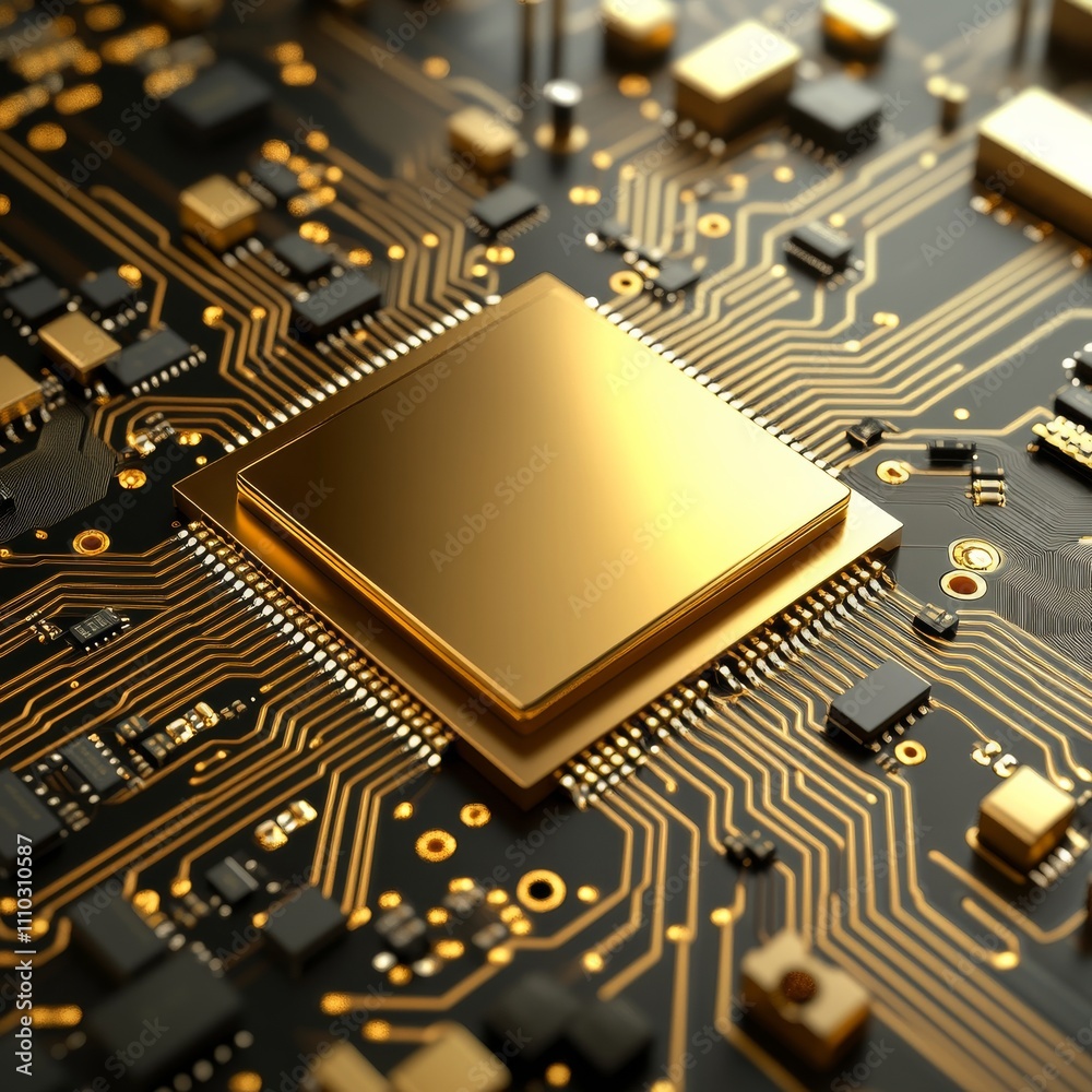 Technology background with 24k gold CPU and motherboard chipset ...