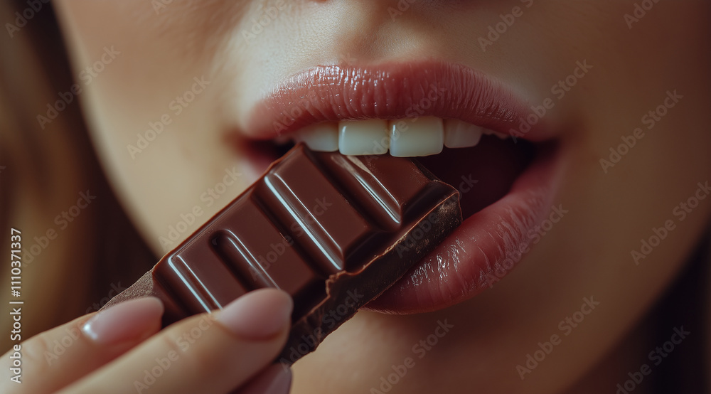 A close-up of a woman's mouth eating a chocolate bar, focusing on the ...