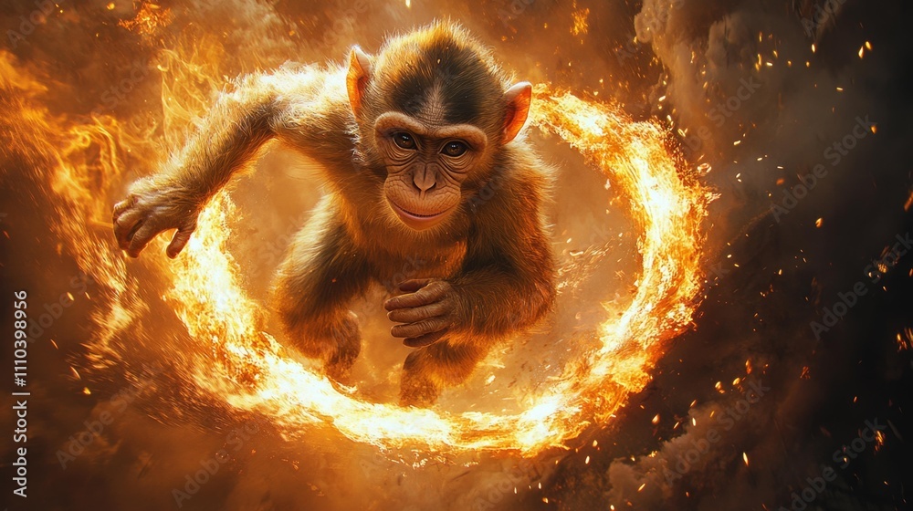 Yellow Earth Monkey Jumping Through Ring of Fire for New Year ...