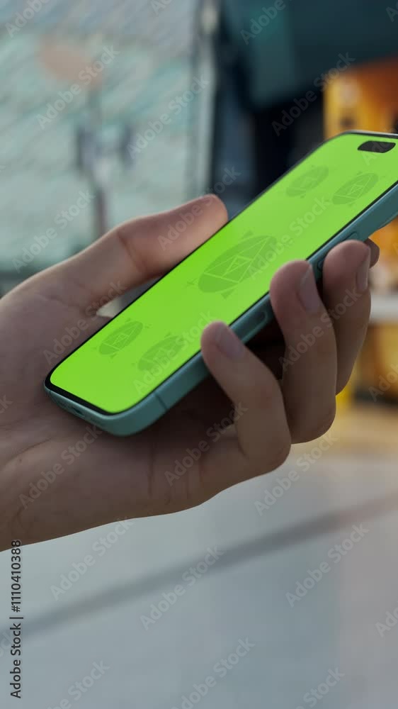 GREEN SCREEN CHROMA KEY Hand holding smartphone with green screen in a ...