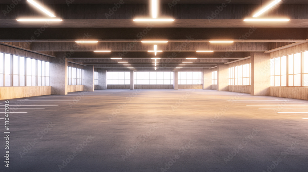 A vacant parking garage with no vehicles, featuring a vast expanse of ...