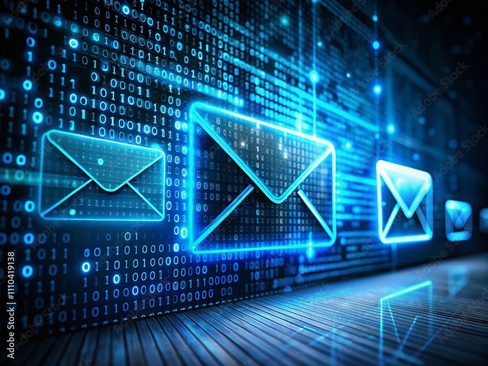 Three glowing blue digital envelopes on a black background with binary code, representing the ...