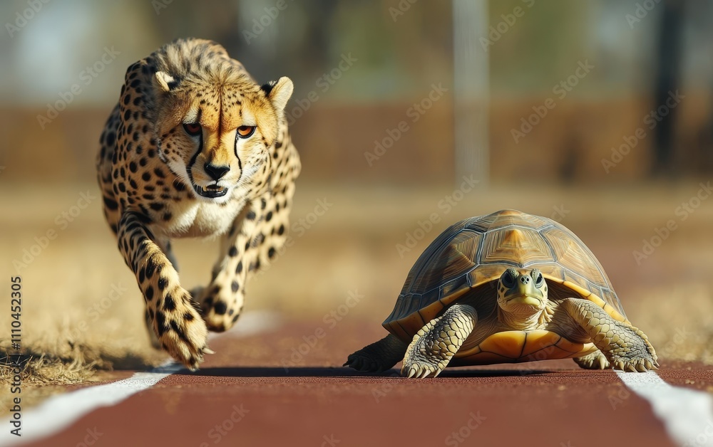 Cheetah and Turtle Race A cheetah mid-sprint, looking frustrated as it ...