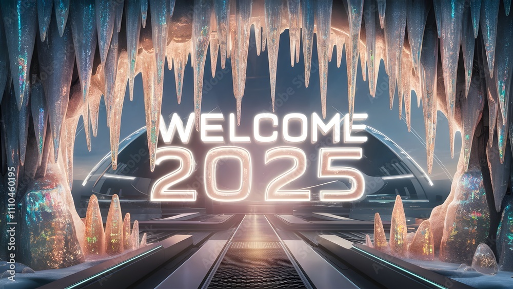 Glittering icicles framing a glowing Welcome 2025 sign Stock ...