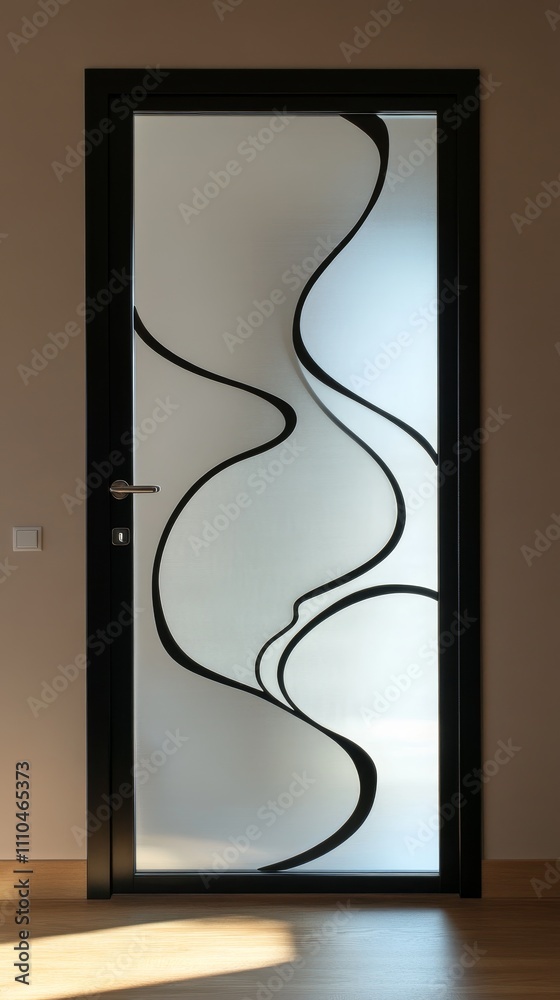 Glass interior door with black edging and titanium handles. Matte ...