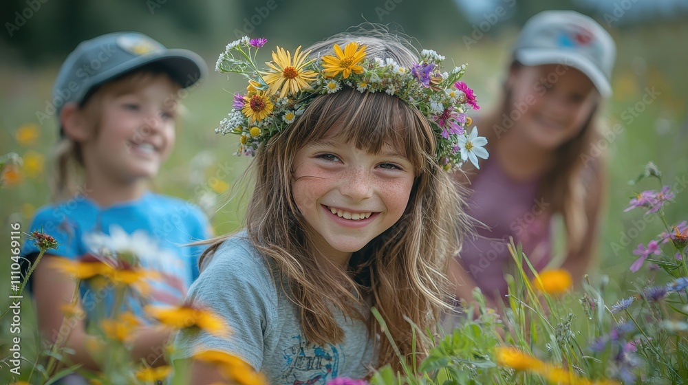 A family creating a flower crown from wildflowers collected during a ...