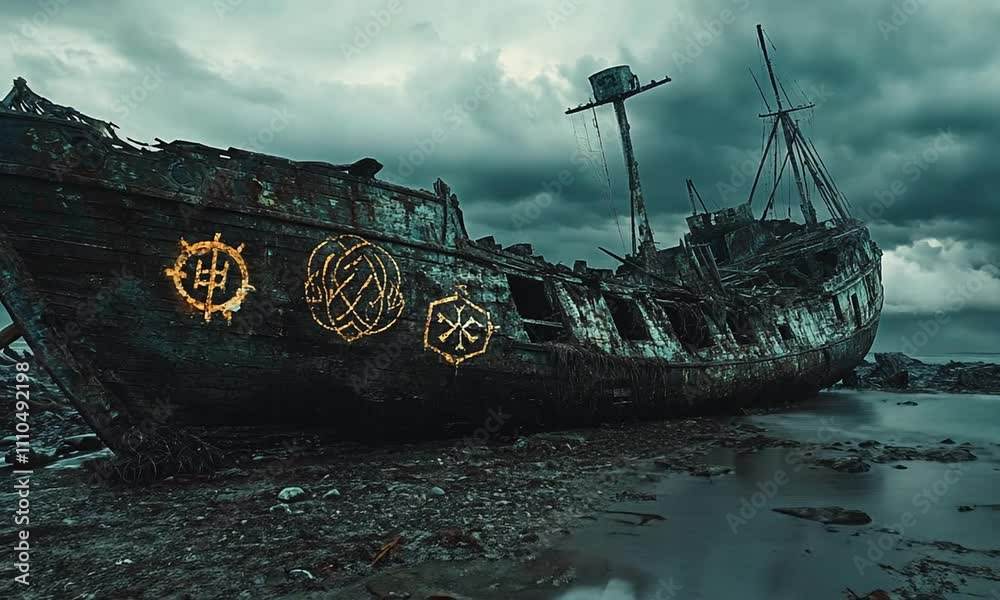 Video „Ruins of a forgotten vessel, weathered shipwreck on a desolate ...