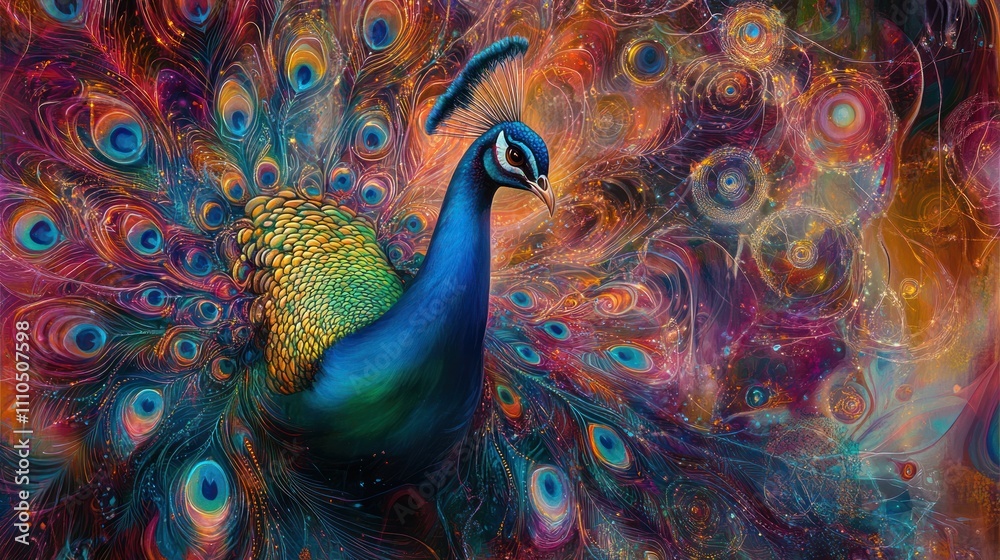 An imaginative portrayal of a peacock standing on a quantum circuit ...