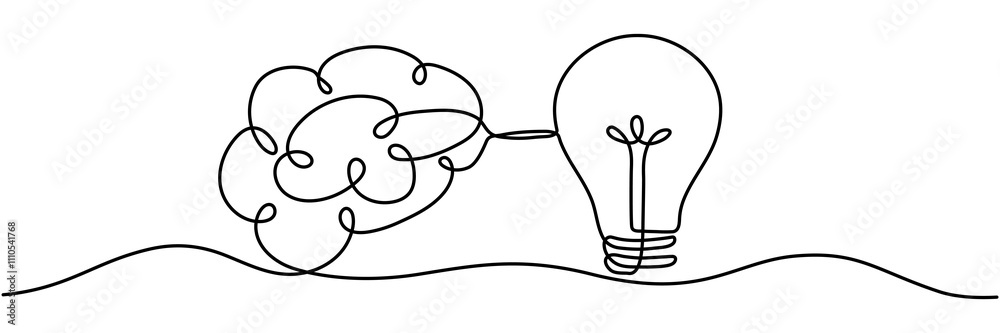 Light bulb connect with human brain continuous line art drawing. Wisdom ...