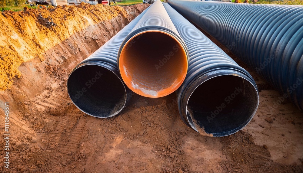 storm sewer pipes laying building construction on construction site ...