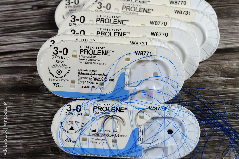 Cairo, Egypt, October 13 2024: ETHICON Prolene blue color suture 3-0 Polypropylene, Non ...
