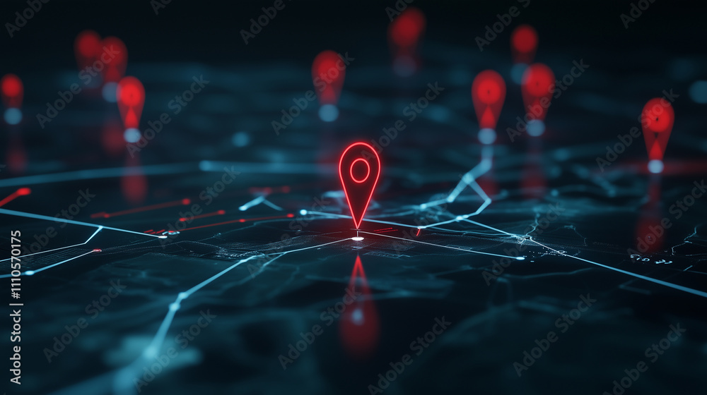 A dynamic map interface with floating red pins and glowing, animated ...