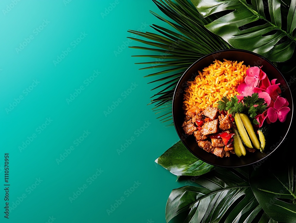 Cambodian bai sach chrouk, pork and rice breakfast dish, garnished with ...