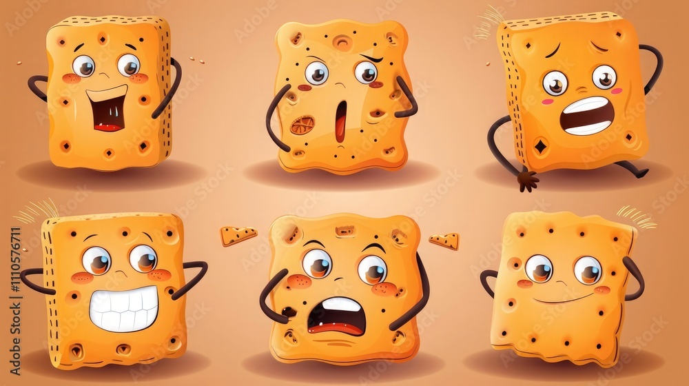 Cartoon characters of crackers, featuring cute cookies with various ...