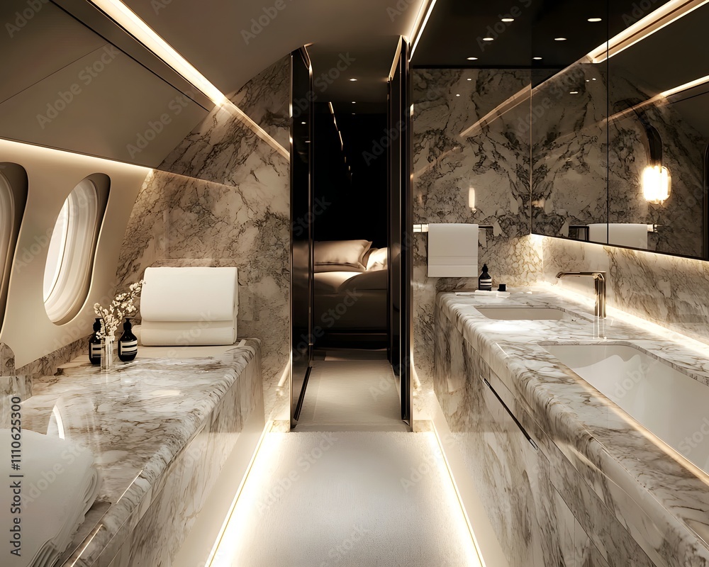 Minimalist private jet bathroom with marble finishes, elegant fixtures ...