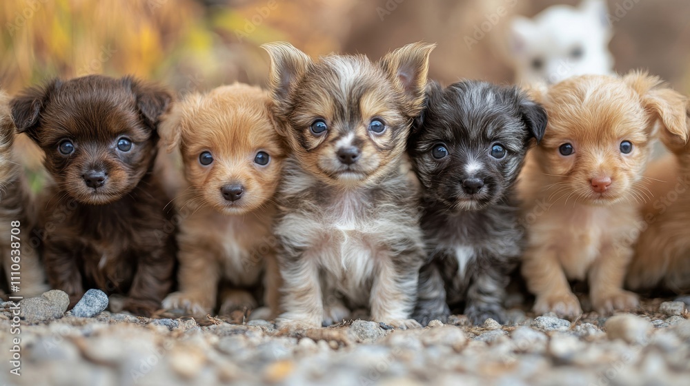 An adorable group of tiny, fluffy puppies sitting closely together on a ...
