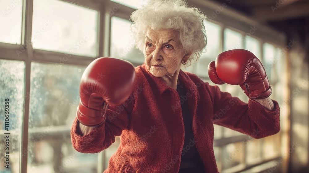 Tough old granny in boxing stance, gloves on, exuding power and ...