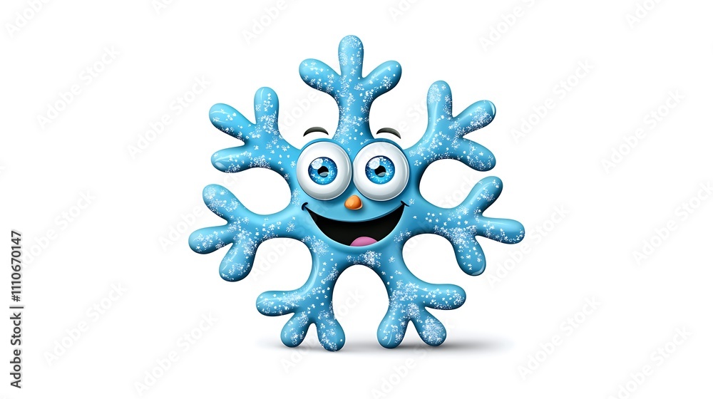 Cute cartoon illustration of a snowflake with big sparkling eyes and a ...