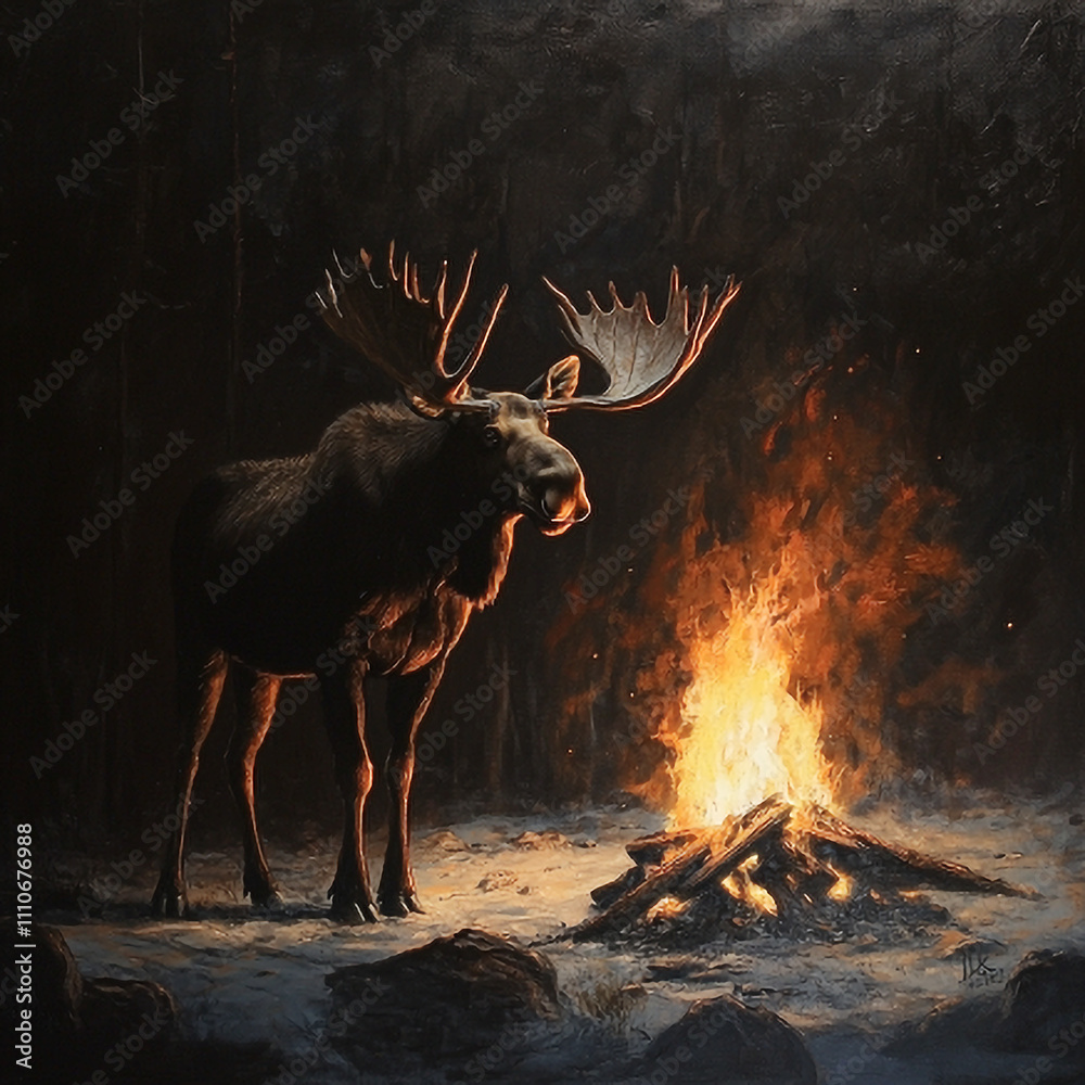 Majestic Moose Standing Near a Glowing Campfire in a Dark Forest Under ...