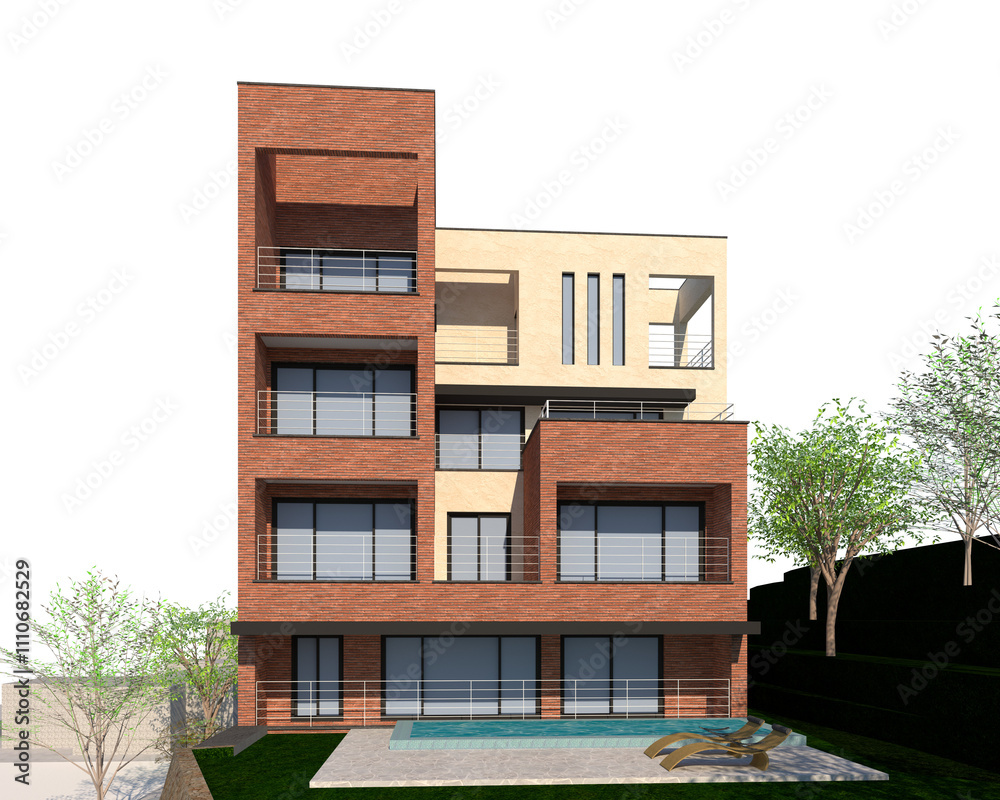 the front elevation of a modern multi-story residential building. The ...