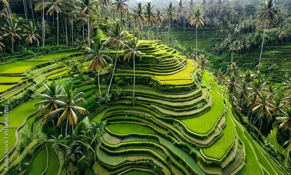 Drone view of rice plantation path to walk around and palms.Rice ...