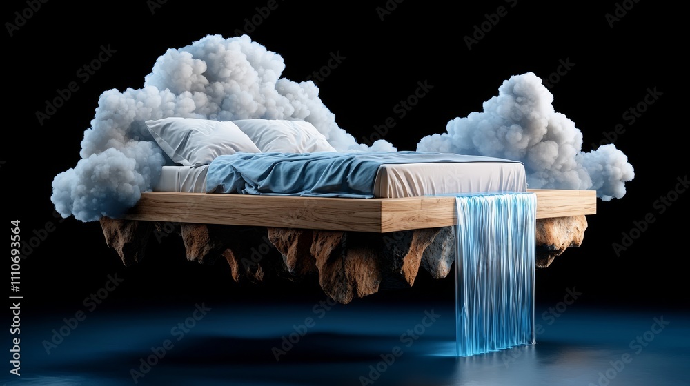 Dreamy Floating Bed Amid Clouds and Cascading Waterfall Effect Stock ...