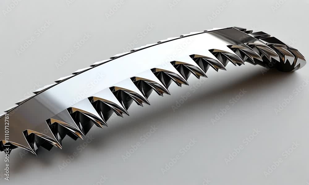 A shiny, serrated blade with sharp teeth, designed for cutting or ...