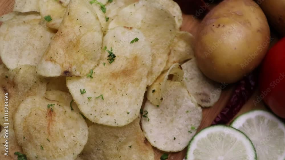 Potato chips with tomato sauce, lemon slice, dry chili and whole ...