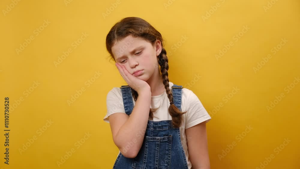 Portrait of upset sad preteen girl child put hand on face facepalm epic ...