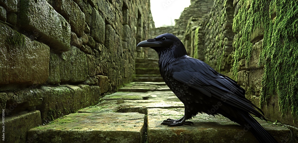 Raven sitting on a stone step in a quiet, ancient village setting ...