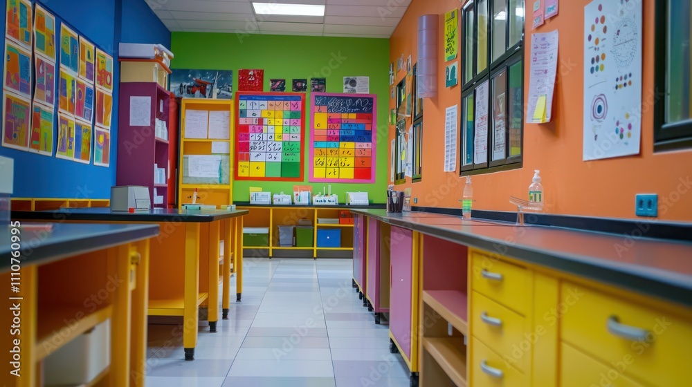 A colorful school science lab with posters of the periodic table and ...